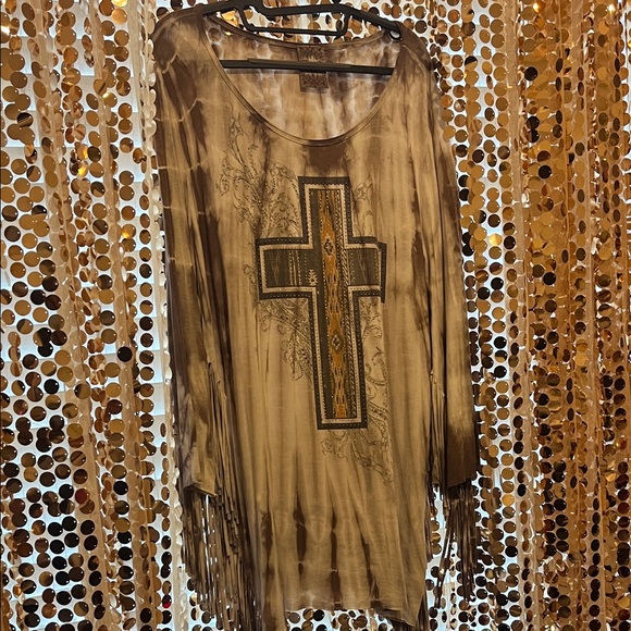 Vocal | Tops | Vocal Brown And Gold Cross Tunic | Poshmark